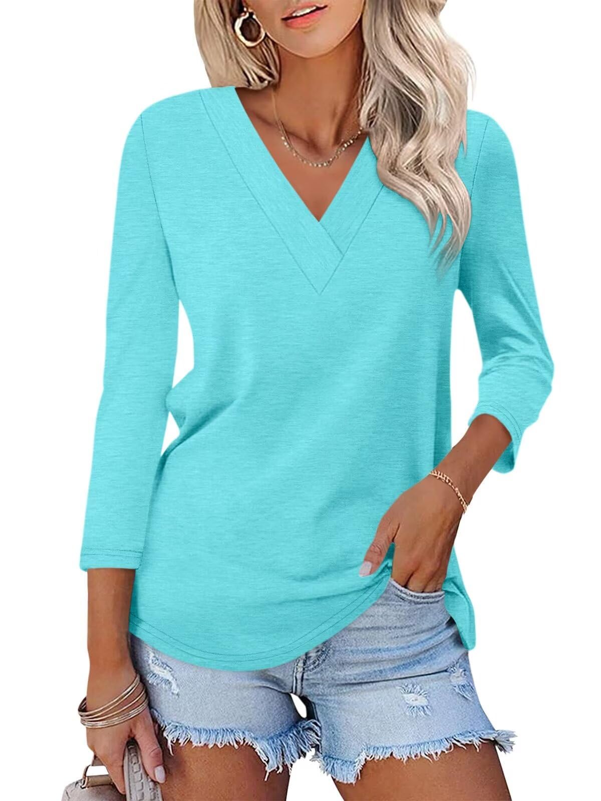 Women's 3/4 Length Sleeves V Neck Basic Top – pinklaura.shop
